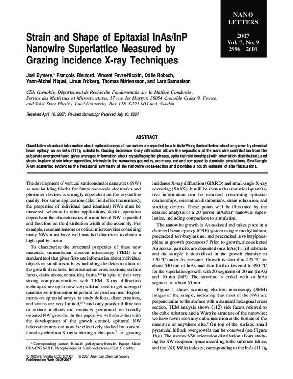(PDF) Strain and Shape of Epitaxial InAs/InP Nanowire Superlattice Measured by Grazing Incidence ...