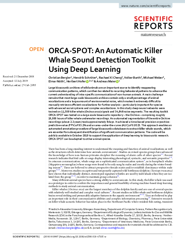 Pdf Orca Spot An Automatic Killer Whale Sound Detection Toolkit Using Deep Learning
