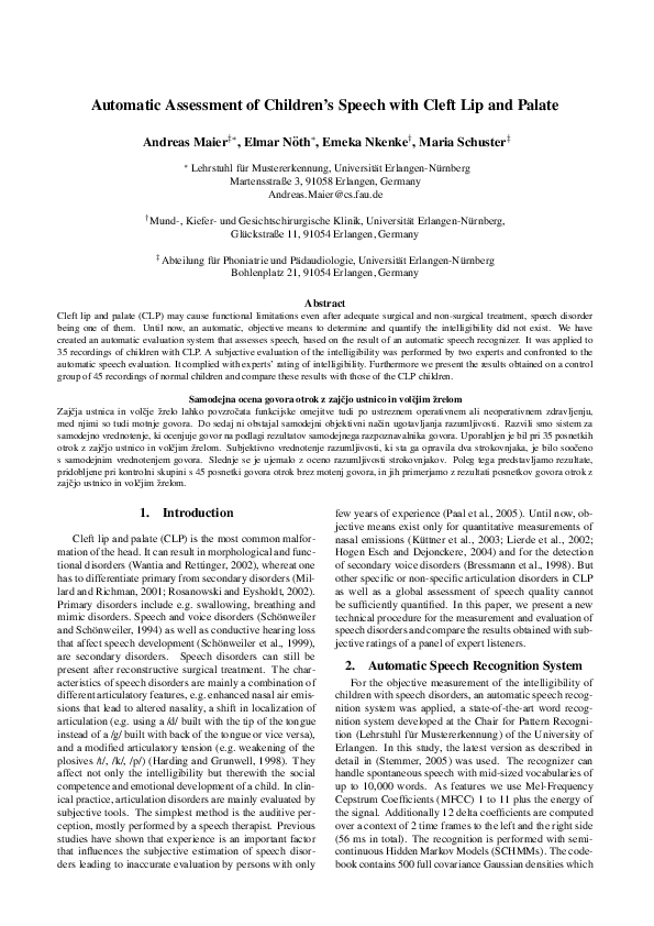(PDF) Automatic Assessment of Children’s Speech with Cleft Lip and Palate
