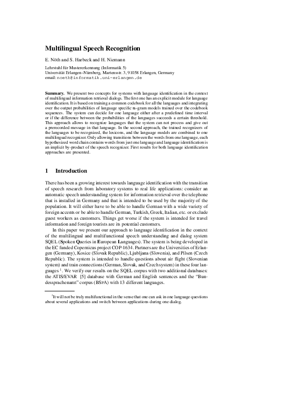 (PDF) Multilingual Speech Recognition | Elmar Noeth - Academia.edu