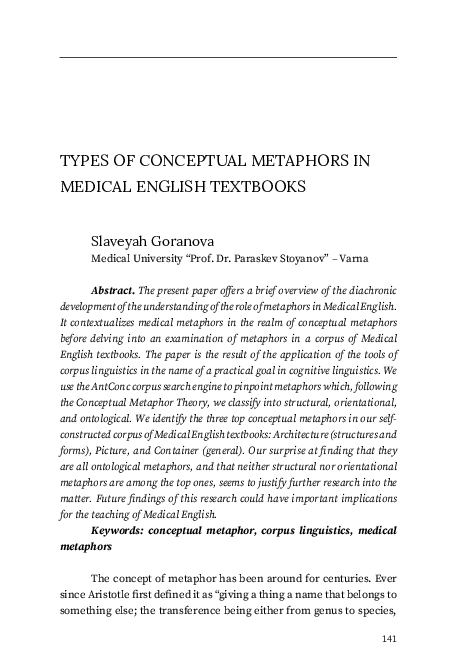 (PDF) TYPES OF CONCEPTUAL METAPHORS IN MEDICAL ENGLISH TEXTBOOKS