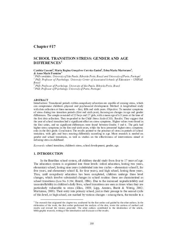 (PDF) Chapter # 17 SCHOOL TRANSITION STRESS : GENDER AND AGE DIFFERENCES