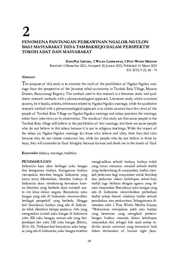 (PDF) Fenomena Pantangan Perkawinan Ngalor Ngulon Bagi Masyarakat Desa Tambakrejo Dalam ...