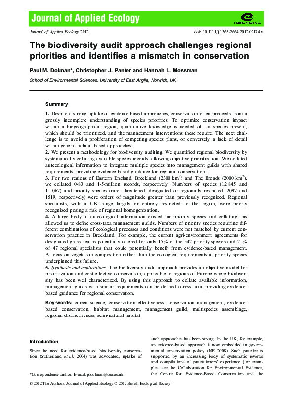 (PDF) The biodiversity audit approach challenges regional priorities ...