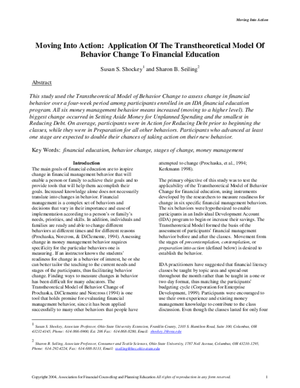 (PDF) Moving Into Action: Application Of The Transtheoretical Model Of Behavior Change To ...