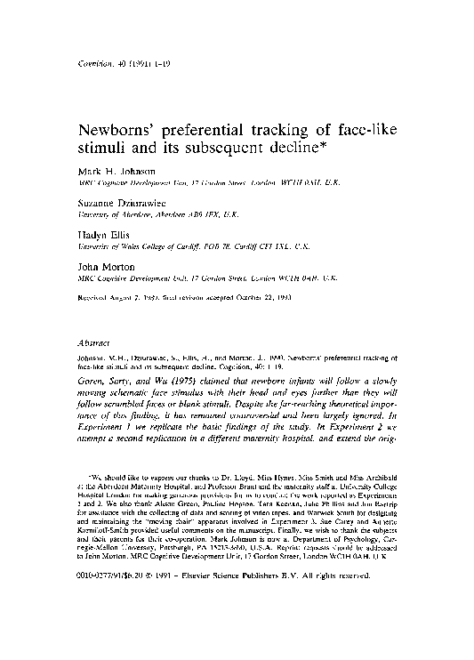 (PDF) Newborns' preferential tracking of face-like stimuli and its ...