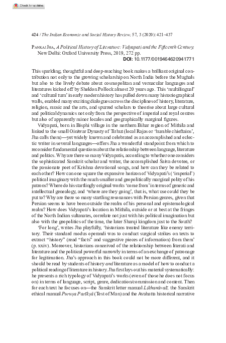 (PDF) Review of Jha, Political History of Literature: Vidyapati and the ...