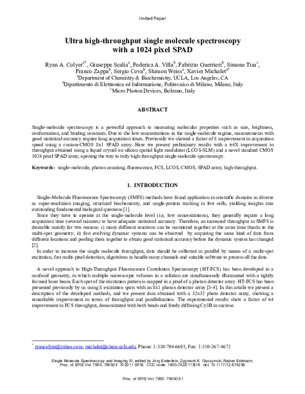 (PDF) Ultra high-throughput single molecule spectroscopy with a 1024 pixel SPAD | Shimon Weiss ...