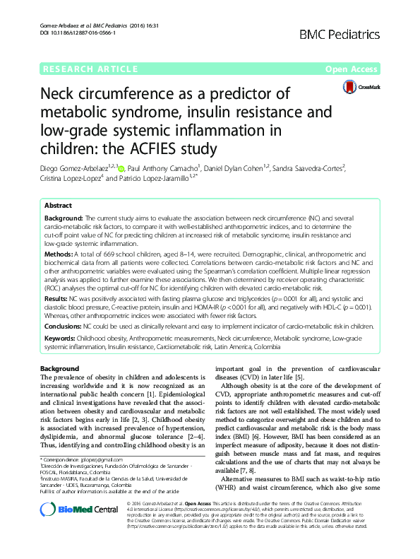 (PDF) Neck circumference as a predictor of metabolic syndrome, insulin ...