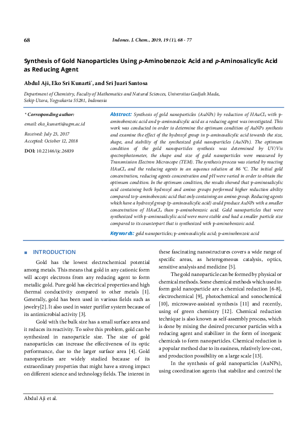 (PDF) Synthesis of Gold Nanoparticles Using p-Aminobenzoic Acid and p-Aminosalicylic Acid as ...