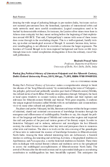 (PDF) Review of Jha, Political History of Literature: Vidyapati and the ...