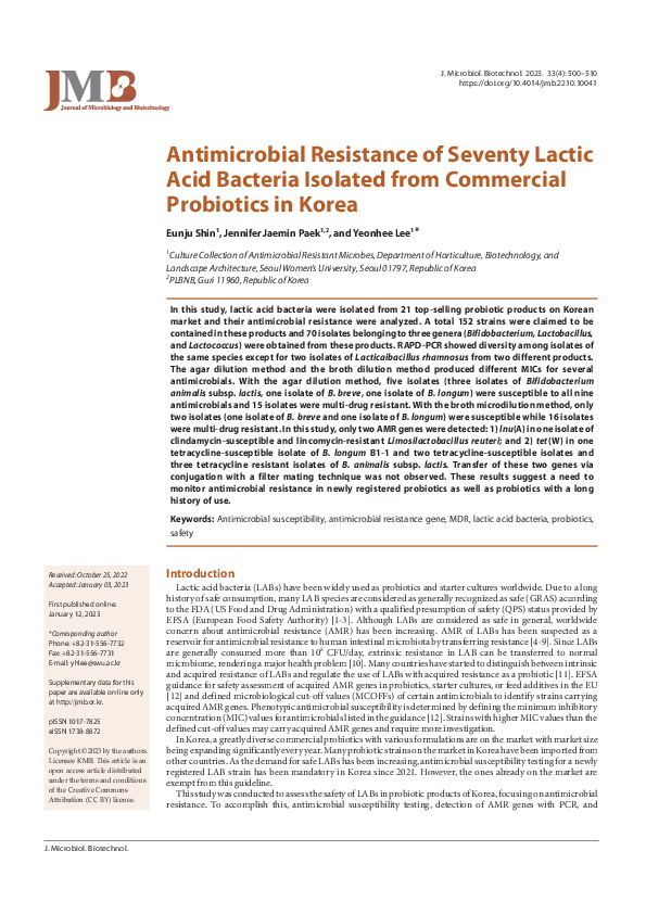 (PDF) Antimicrobial Resistance of Seventy Lactic Acid Bacteria Isolated from Commercial ...