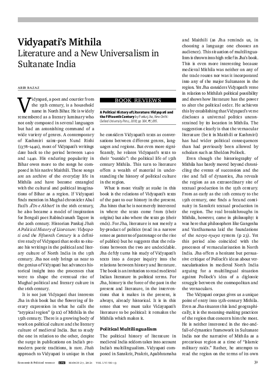 (PDF) Review of Jha, Political History of Literature: Vidyapati and the ...