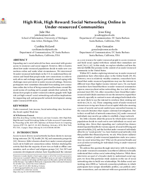 (PDF) High Risk, High Reward: Social Networking Online in Under ...