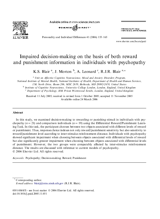 (PDF) Impaired decision-making on the basis of both reward and ... (PDF) Impaired decision-making on the basis of both reward and ...