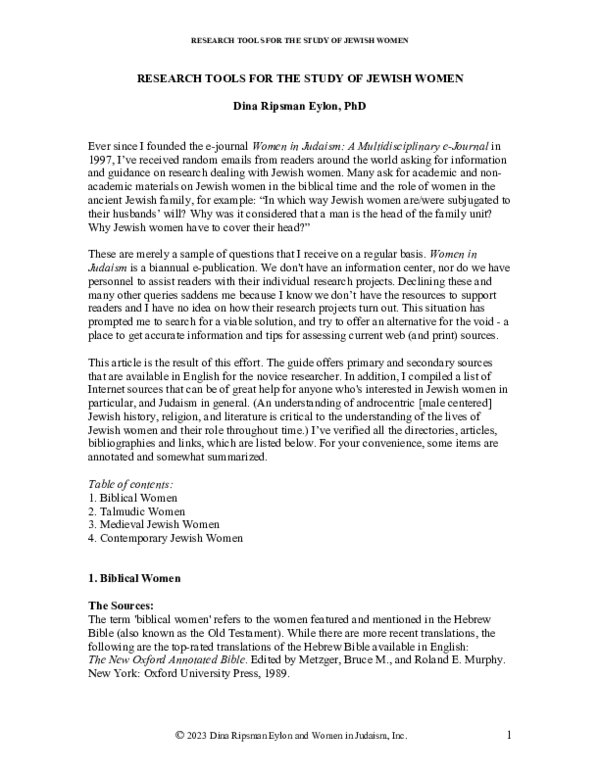 (PDF) Research Tools for the Study of Jewish Women