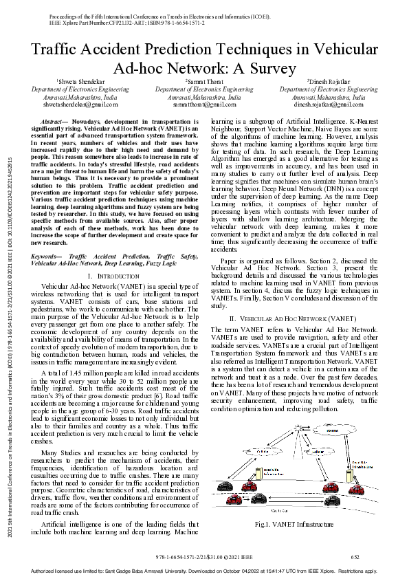 (PDF) Traffic Accident Prediction Techniques in Vehicular Ad-hoc Network: A Survey