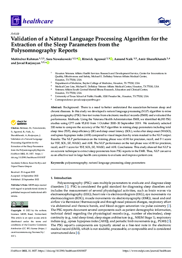 Pdf Validation Of A Natural Language Processing Algorithm For The Extraction Of The Sleep