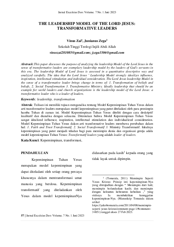 (PDF) The Leadership Model of the Lord Jesus: Transformative Leaders