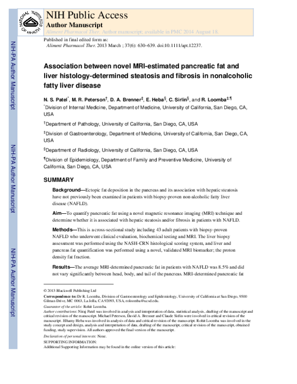 (PDF) Association between novel MRI-estimated pancreatic fat and liver histology-determined ...