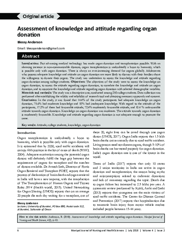 (PDF) Assessment of knowledge and attitude regarding organ donation