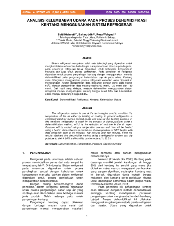 (PDF) Air Moisture Analysis of Potato Dehumidification Process Using ...