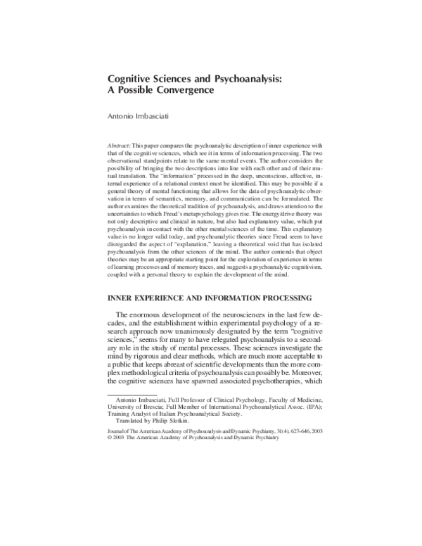 (PDF) Cognitive Sciences and Psychoanalysis: A Possible Convergence