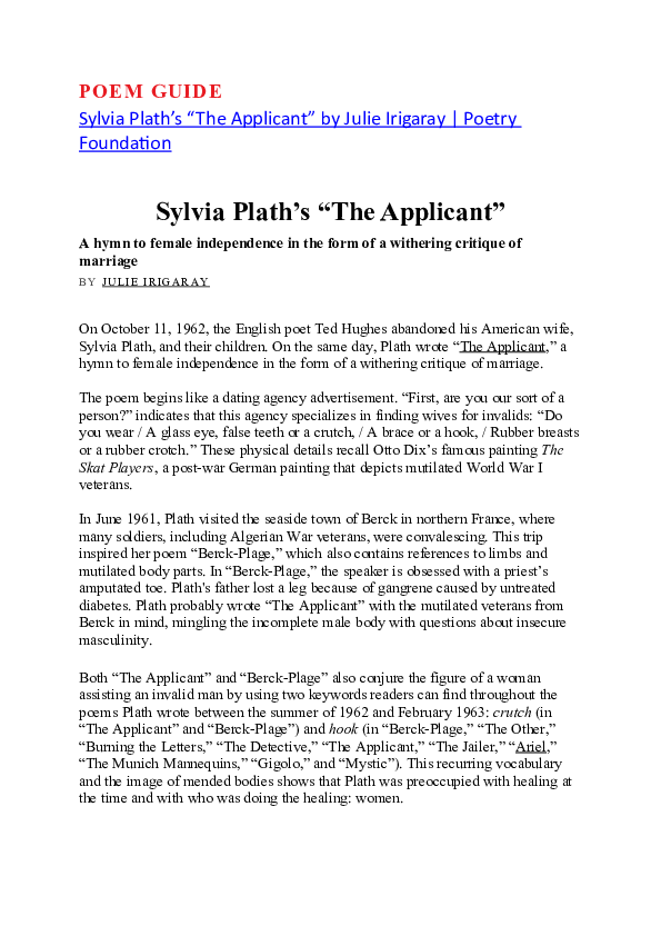 (DOC) Poem Guide - Sylvia Plath's "The Applicant"