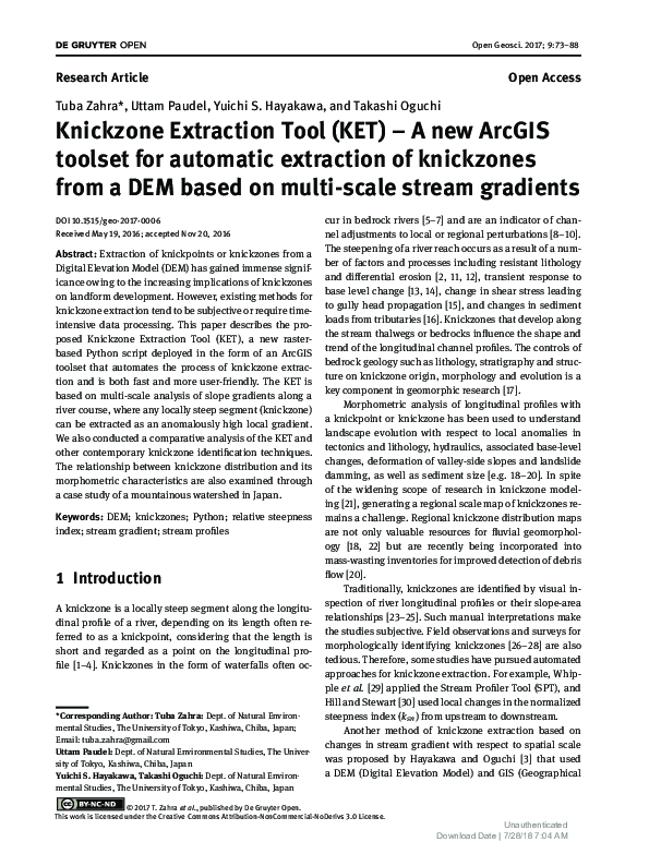 (PDF) Knickzone Extraction Tool (KET) – A new ArcGIS toolset for automatic extraction of ...