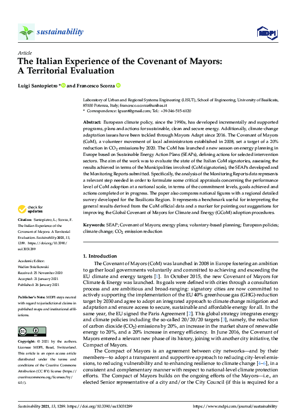 (PDF) The Italian Experience of the Covenant of Mayors: A Territorial ...