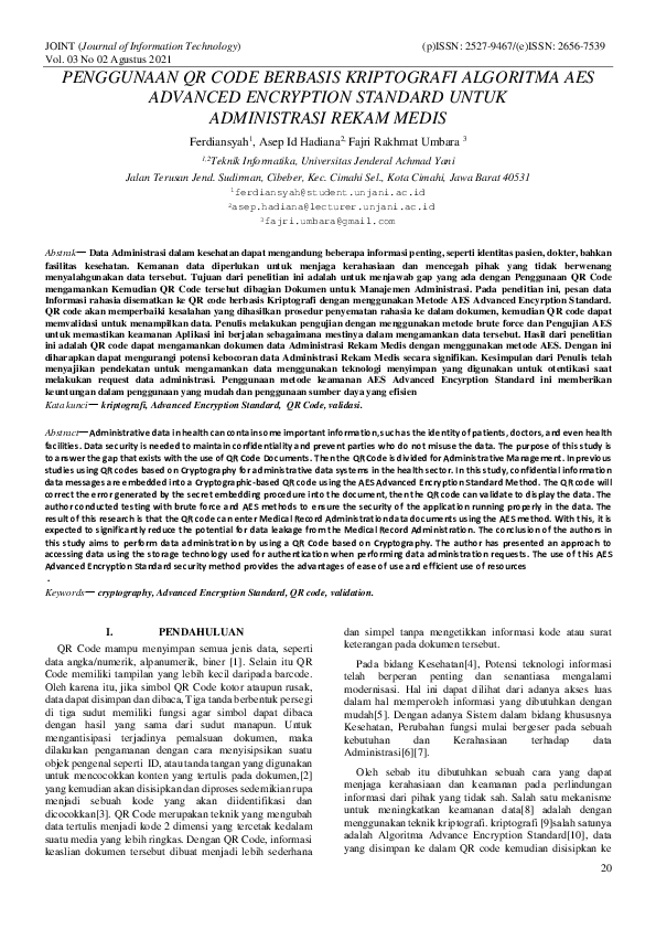 Pdf Penggunaan Qr Code Berbasis Kriptografi Algoritma Aes Advanced Encryption Standard Untuk
