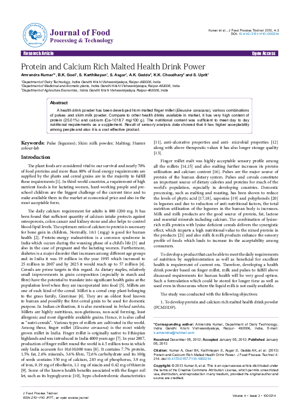 (PDF) Protein and Calcium Rich Malted Health Drink Power