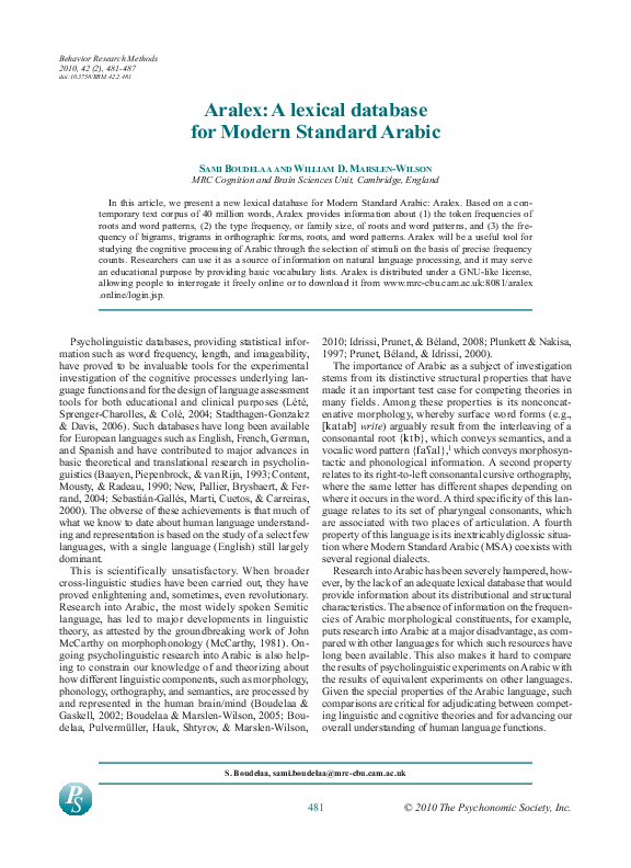 (PDF) Aralex: A lexical database for Modern Standard Arabic