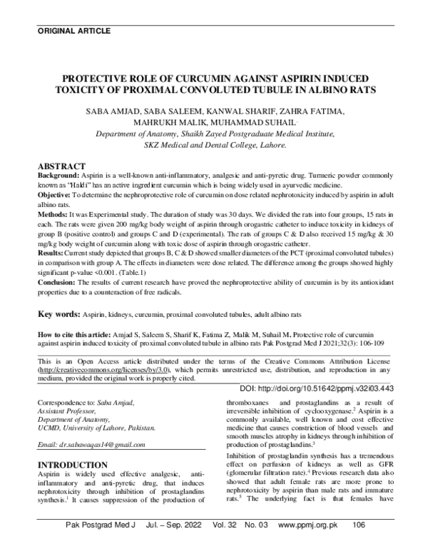 (PDF) Protective Role of Curcumin Against Aspirin Induced Toxicity of ...