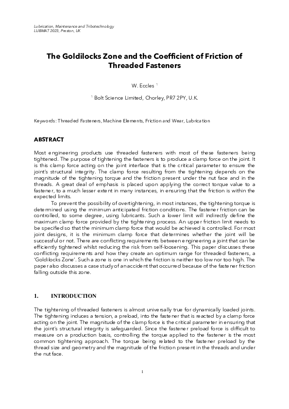 (PDF) The Goldilocks Zone for the Coefficient of Friction of Threaded ...