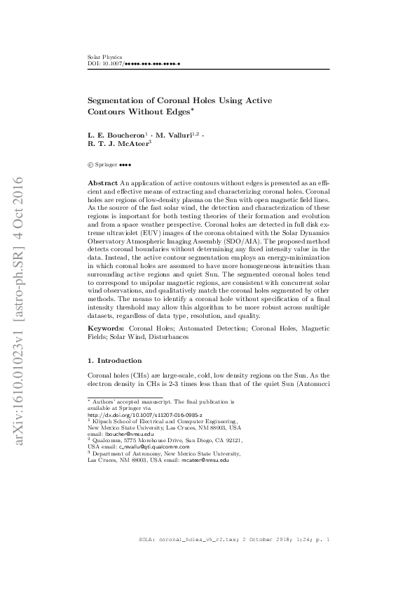 (PDF) Segmentation of Coronal Holes Using Active Contours Without Edges