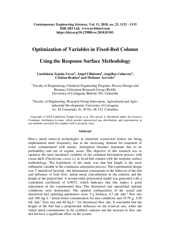 (PDF) Optimization of variables in fixed-bed column using the response ...