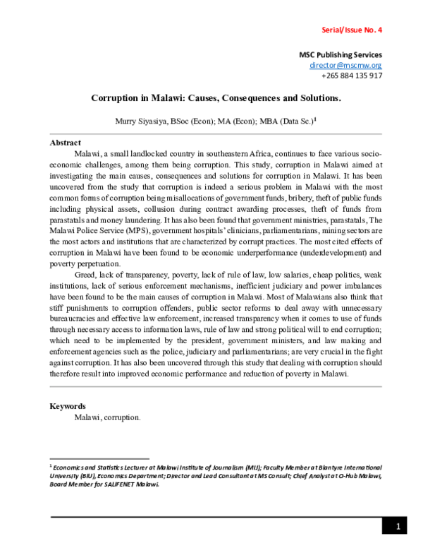 (PDF) Corruption in Malawi: Causes, Consequences and Solutions