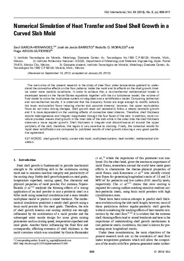 (PDF) Numerical Simulation of Heat Transfer and Steel Shell Growth in a Curved Slab Mold
