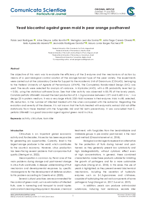 (PDF) Yeast biocontrol against green mold in pear orange postharvest