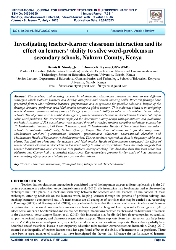 (PDF) Investigating teacher-learner classroom interaction and its ...