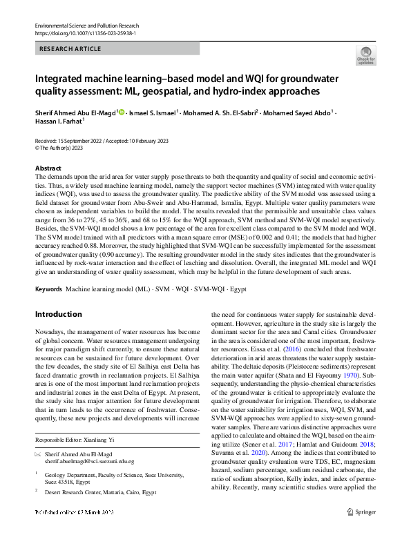 (PDF) Integrated machine learning–based model and WQI for groundwater quality assessment: ML ...