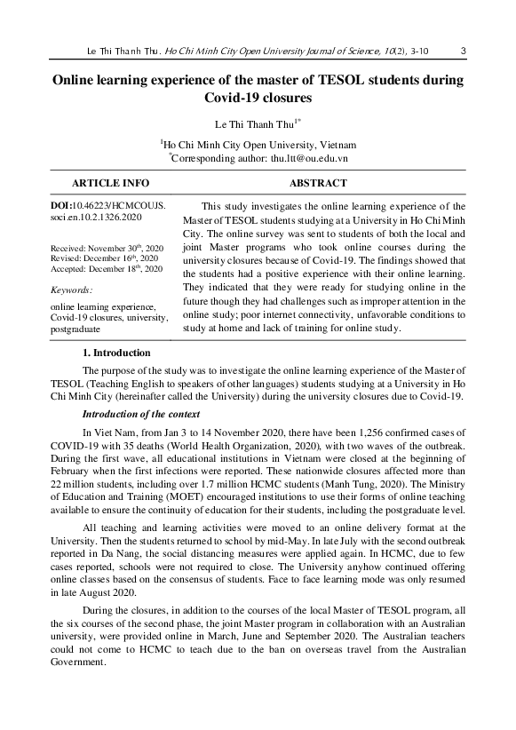 (PDF) Online learning experience of the master of TESOL students during ...
