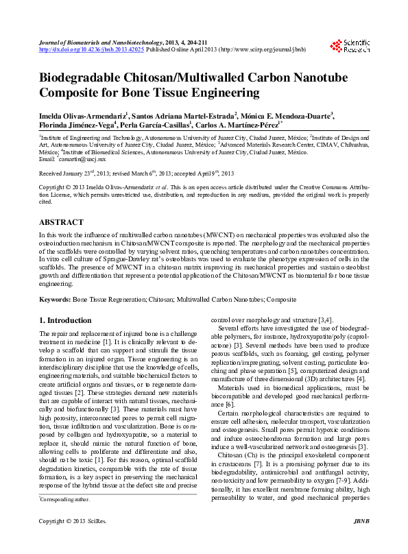 (PDF) Biodegradable Chitosan/Multiwalled Carbon Nanotube Composite for Bone Tissue Engineering