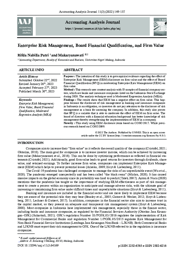 (PDF) Enterprise Risk Management, Board Financial Qualification, and Firm Value