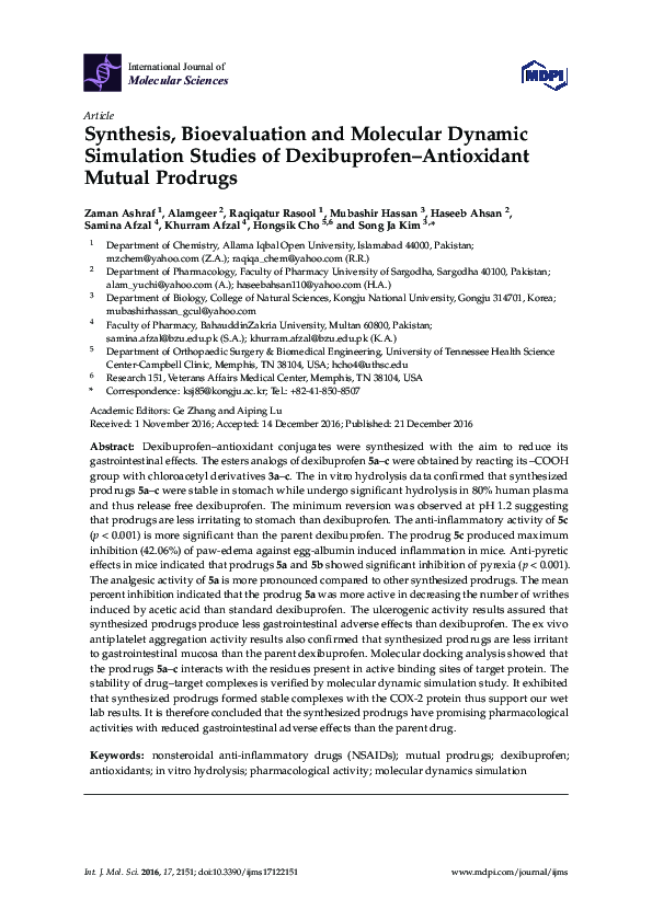 (PDF) Synthesis, Bioevaluation and Molecular Dynamic Simulation Studies ...