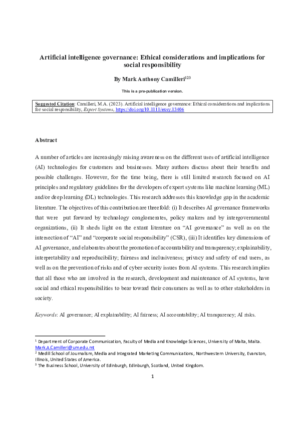 (PDF) Artificial intelligence governance: Ethical considerations and implications for social ...