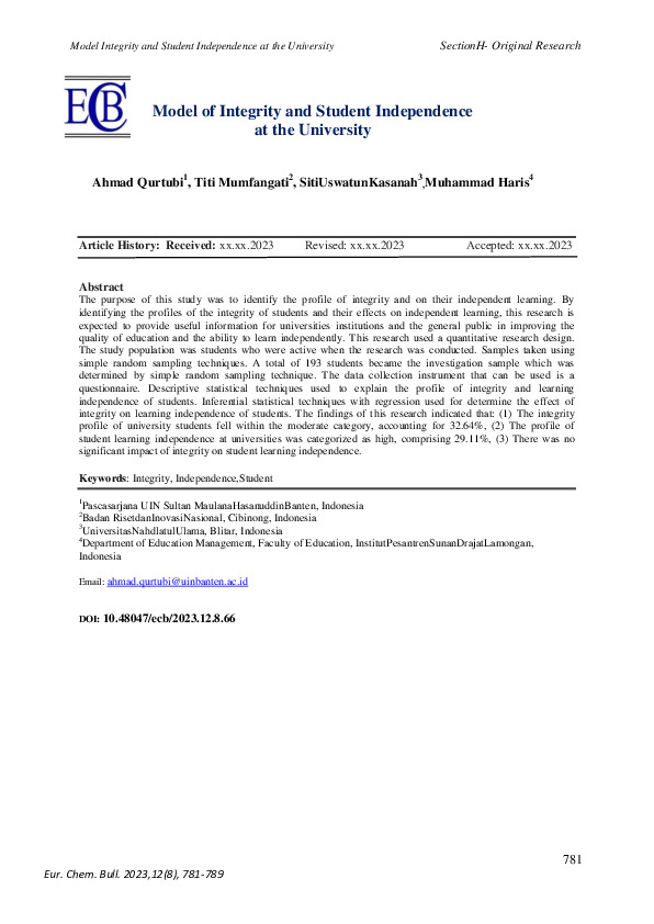 (PDF) Model of Integrity and Student Independence at the University
