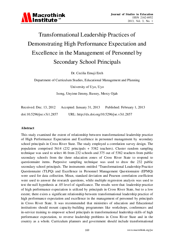 (PDF) Transformational Leadership Practices of Demonstrating High ...