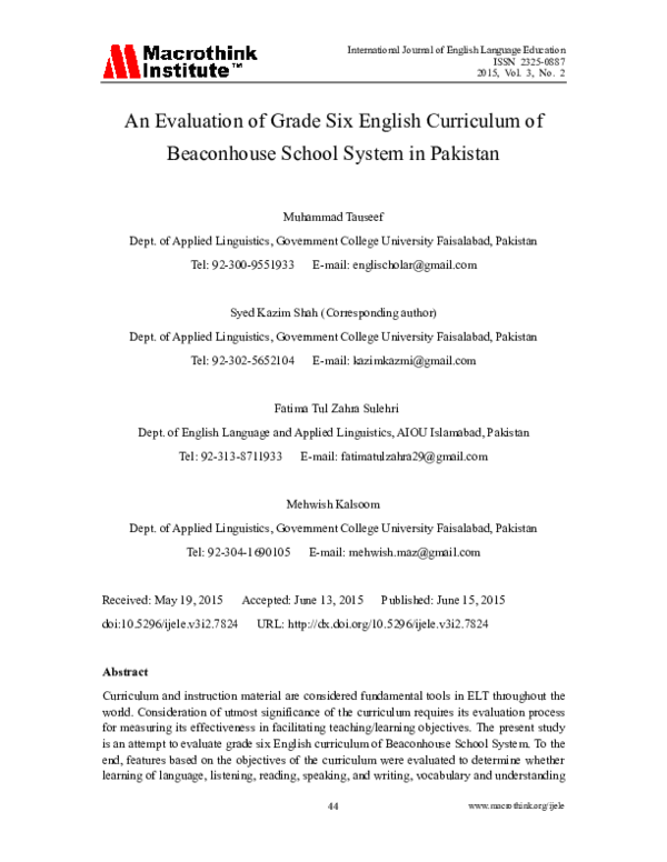 (PDF) Evaluating Grade Six English Curriculum at Beaconhouse, Pakistan